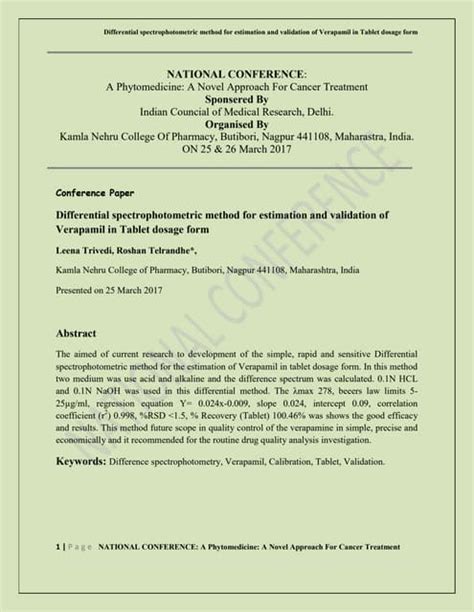 Differential Spectrophotometric Method For Estimation And Validation Of Verapamil In Tablet