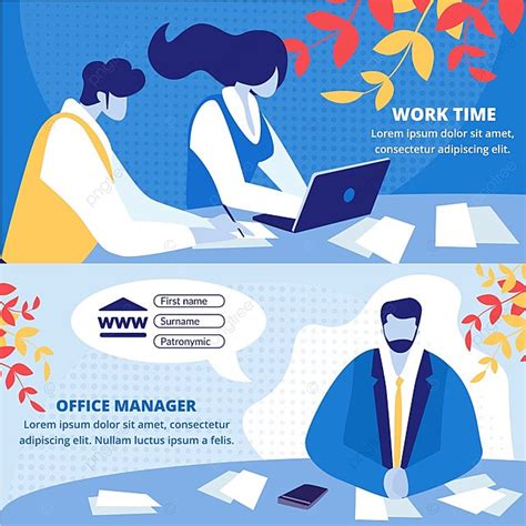 Tempo De Trabalho E Banners Horizontais De Gerente De Escritório Com Empresários Sentados à Mesa