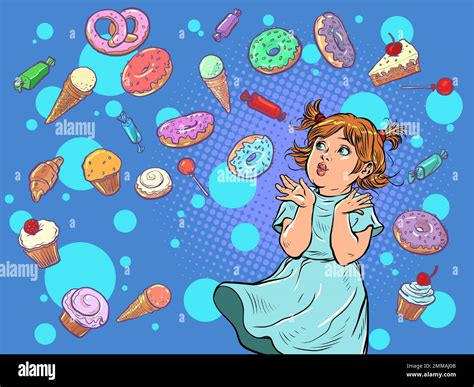 joyful happy girl confectionery sweets candy cupcake donut cake ice
