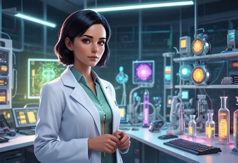 A Woman In A Lab With A Blue Lab Coat And A White Coat Premium AI Generated Image