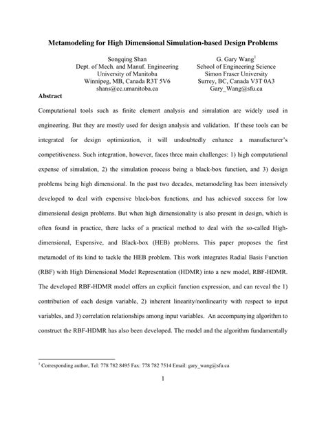 Pdf Metamodeling For High Dimensional Simulation Based Design Problems