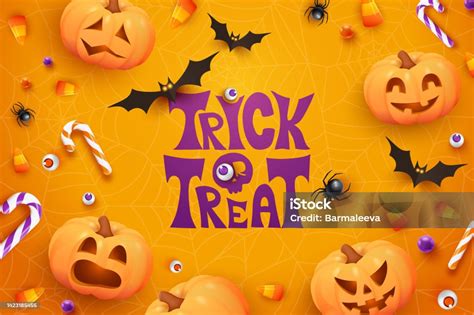 보라색 배경에 사탕 거미 박쥐 및 호박이있는 할로윈 포스터 과자 안 주면 장난칠 거예요 현실적인 잭 O 랜턴 호박과 할로윈 배너 템플릿 할로윈에 대한 스톡 벡터 아트 및