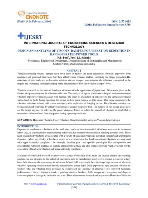 Design And Analysis Of Viscous Damper For Vibration Reduction In Hand Operated Power Tools Pdf