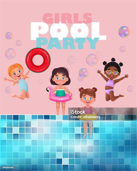 여자 수영장 파티 고무 반지에서 수영하는 귀여운 어린 소녀 3d 만화 스타일의 벡터 일러스트 레이 션 수영장 스포츠 경기장에 대한 스톡 벡터 아트 및 기타 이미지 Istock