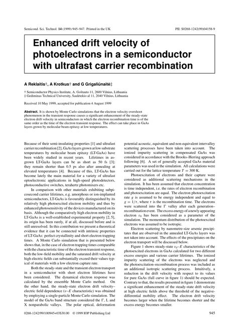 Pdf Enhanced Drift Velocity Of Photoelectrons In A Semiconductor With