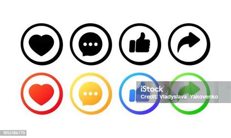 하트 아이콘 말풍선 엄지 손가락 위로 화살표 공유 플랫 색상 소셜 미디어 게시물 아래의 반응 하트 아이콘 말풍선 엄지 손가락 위로 화살표 공유 벡터 아이콘 개념에 대한 스톡