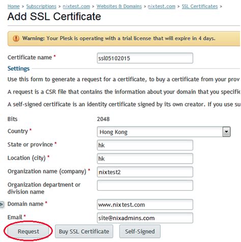 Generate CSR And Private Key In Plesk NixTree