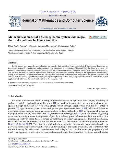 pdf mathematical model of a scir epidemic system with migration and