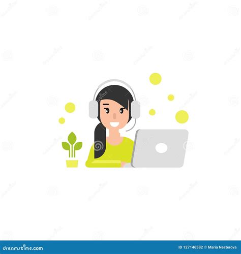Happy Operator Girl With Computer Headphones And Microphone Flat Vector Illustration Stock