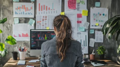 Woman Analyzing Data On A Computer Screen In A Home Office Stock Illustration Illustration Of