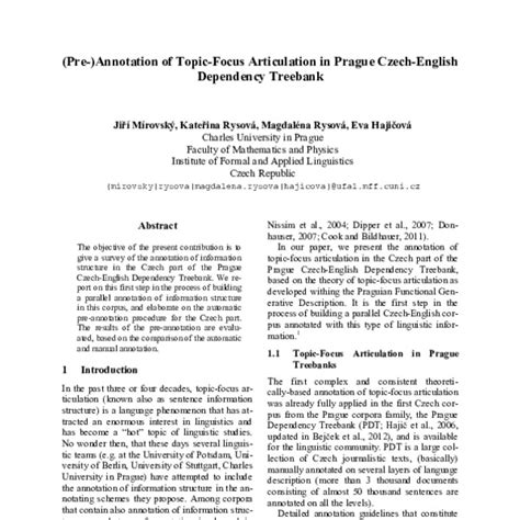 Pre Annotation Of Topic Focus Articulation In Prague Czech English Dependency Treebank Acl