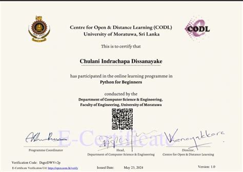 chulani dissanayake on linkedin python universityofmoratuwa onlinelearning certification