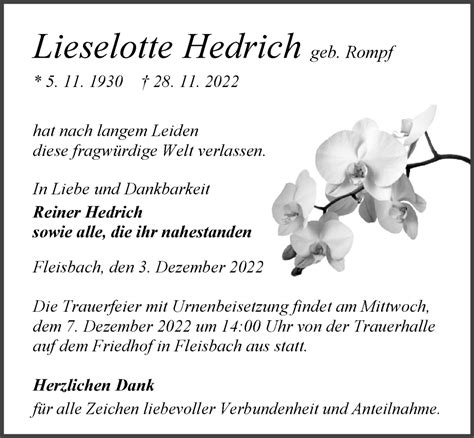 Traueranzeigen Von Lieselotte Hedrich Vrm Trauerde
