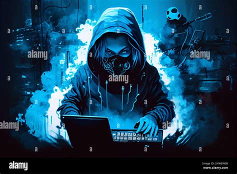 Conception Of A Hacker With Blue Smoke And Mask Illustration Stock Photo Alamy