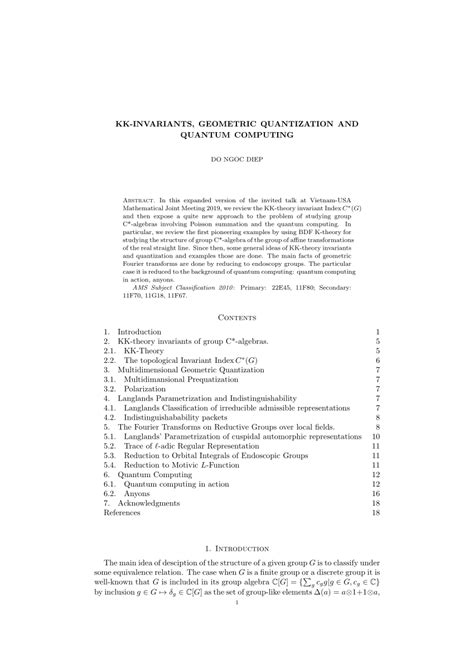 Pdf Kk Invariants Geometric Quantization And Quantum Computing