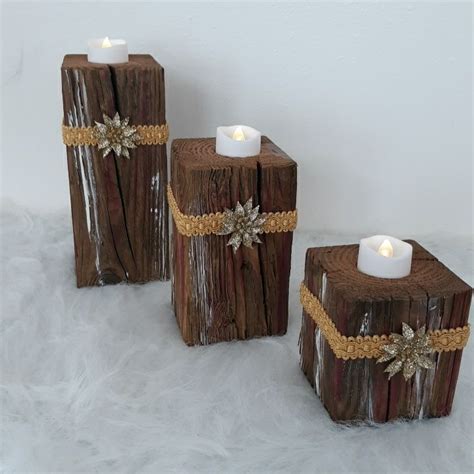 Farmhouse Rustic Wooden Candleholders Set Of Three Wood Crafts Diy