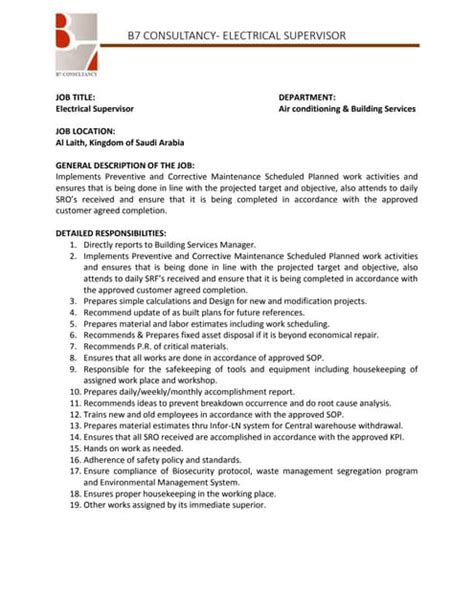 Electrical Supervisor Job Description Pdf Business Business And