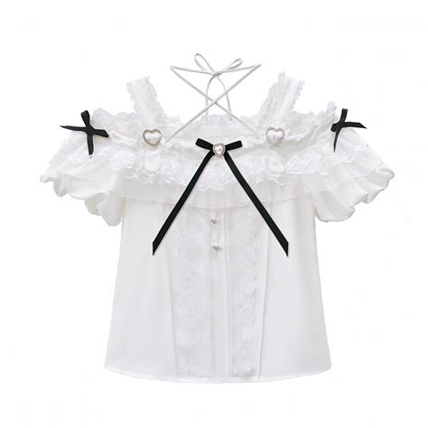White Off The Shoulder Neckline Top Jirai Kei Style With Black Bowknots
