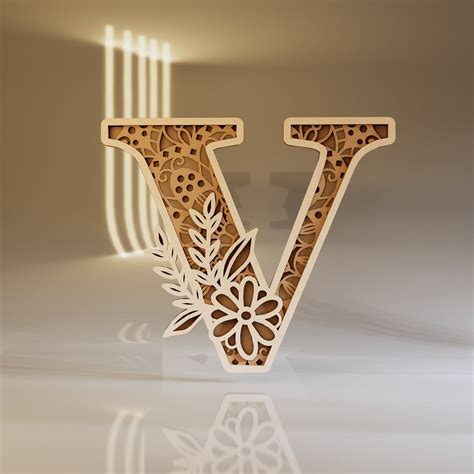 Letter V Svg Multilayer Laser Cut Floral Initials Mandala Alphabet Cricut Engraving Files