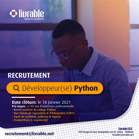 Livrable recrute un e développeur se python Dakar Sénégal JobRapide