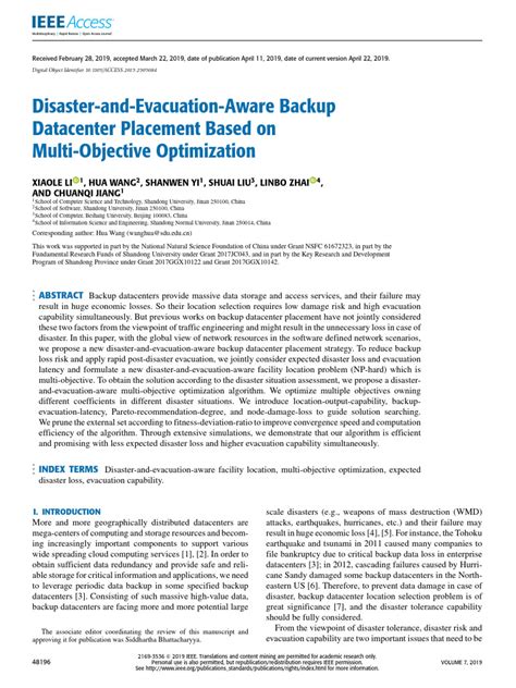 Disaster And Evacuation Aware Backup Datacenter Placement Based On Multi Objective Optimization