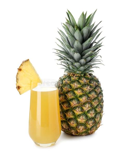 Glass With Pineapple Juice And Fresh Pineapples Isolated On White Stock