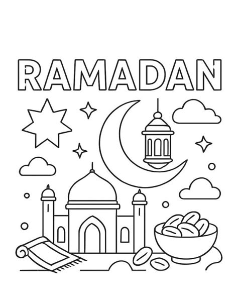 Ramadan Crescent Moon And Mosque Coloring Page