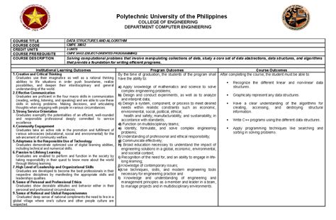 Data Structures And Algorithm Syllabus Document Polytechnic University Of The Philippines