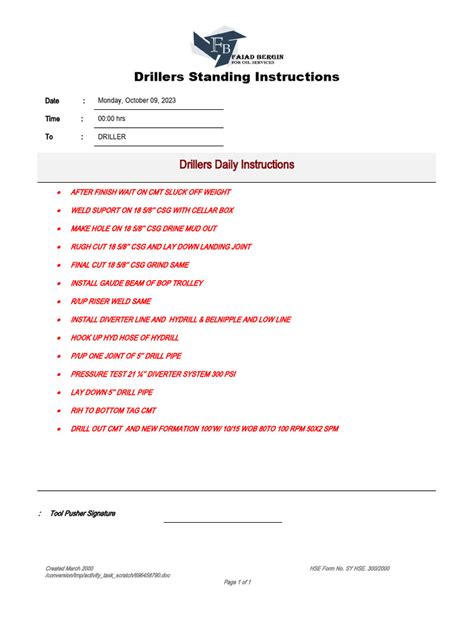 Drillers Standing Instructions 19 7 2023 Pdf