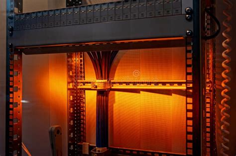 close up of modern server rack in a warm orange glow highlighting the