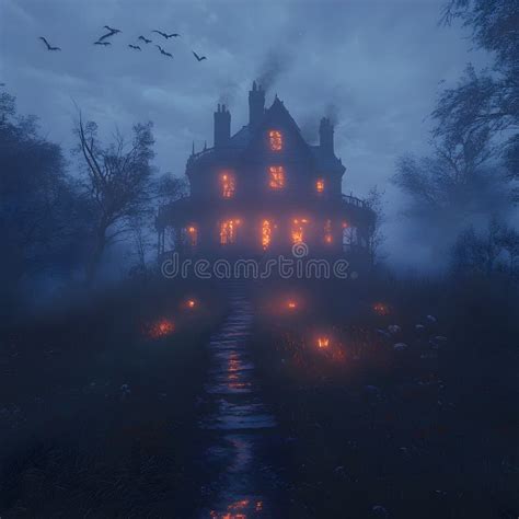 Haunted House Fog Eerie Glowing Windows Surrounded Darkness Mysterious