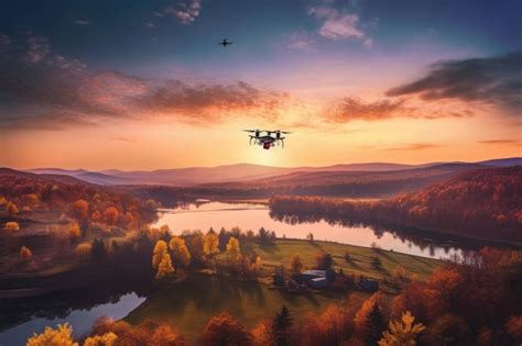 Premium Ai Image Drone Hovering Over Scenic Landscape At Sunset