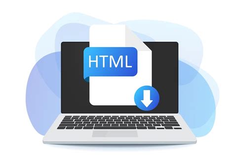 노트북 화면에 Html 버튼을 다운로드합니다 문서 개념을 다운로드합니다 Html 레이블 및 아래쪽 화살표 기호 프리미엄 벡터