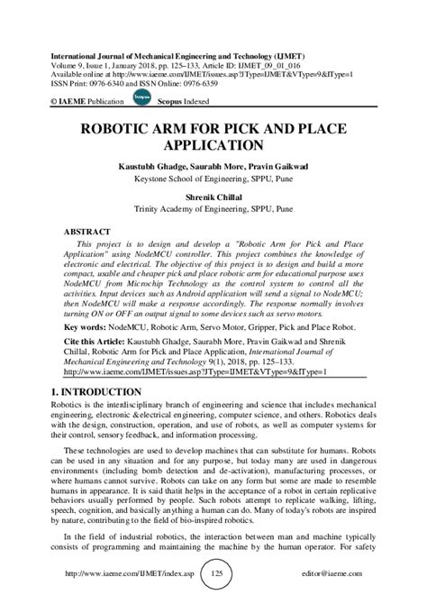 Pdf Robotic Arm For Pick And Place Application