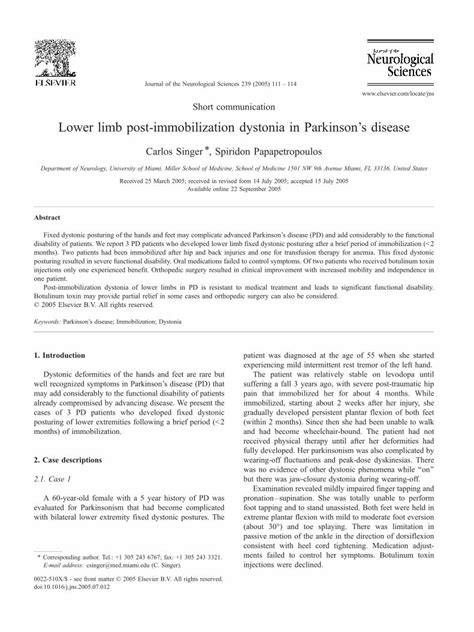 Pdf Lower Limb Post Immobilization Dystonia In Parkinsons Disease