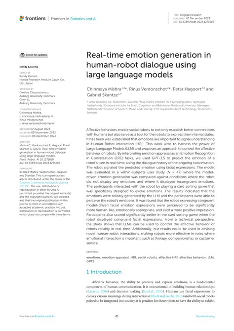 Pdf Real Time Emotion Generation In Human Robot Dialogue Using Large