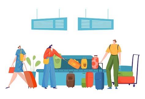 공항의 수하물 컨베이어 벡터 삽화 플랫 남자 여자 캐릭터는 여행 후 수하물을 가져가고 터미널 체크 벨트에서 여행 가방을 가져갑니다 가방에 대한 스톡 벡터 아트 및 기타