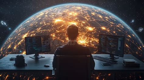Global Network Administrator Working Late Monitoring Worldwide Data Streams On Computer Screens