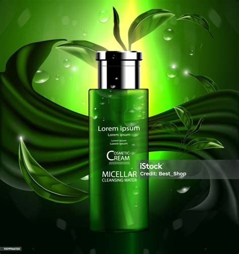 럭셔리 화장품 병 패키지 스킨 케어 크림 녹차 세럼 세트 뷰티 화장품 제품 포스터 Bokeh 및 물 배경 개념에 대한 스톡 벡터 아트 및 기타 이미지 Istock