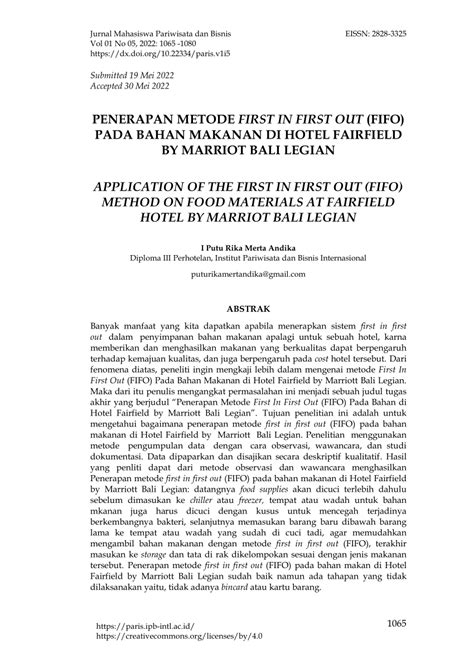 Pdf Penerapan Metode First In First Out Fifo Pada Bahan Makanan Di