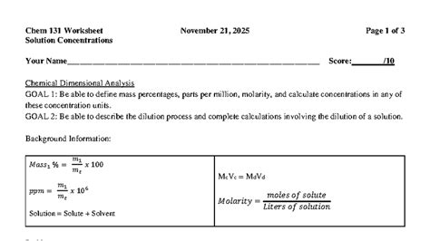 Chem 131 Worksheet Solution Concentrations And Calculations Chem 1