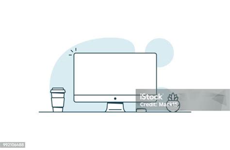 텅 빈 스크린으로 개인용 컴퓨터입니다 컴퓨터와 커피 컵 공장 작업 영역입니다 벡터 일러스트 레이 션 라인 아트 스타일 0명에