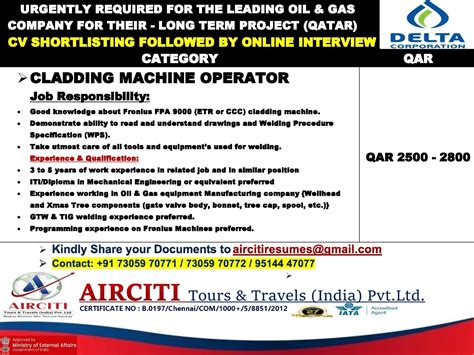 Hiring Cladding Machine Operator Qatar