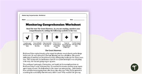 Monitoring Comprehension Worksheet Teach Starter