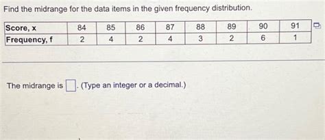 Solved Find The Midrange For The Data Items In The Given Chegg Com