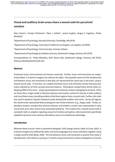 Pdf Visual And Auditory Brain Areas Share A Neural Code For Perceived Emotion