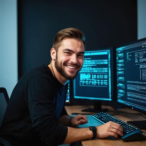 man sysadmin or big computer screen programmer working at the computer