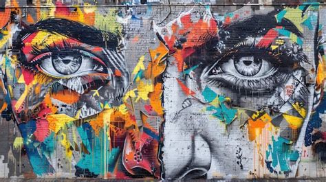 Colorful Graffiti Art Of Abstract Faces On A Wall Urban Street Art