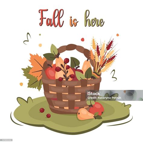 가을 수확과 고리 버들 바구니입니다 단풍 과일 열매 밀 보리 수제 과일 야채 곡물 저장 상자 글자가 있는 인사말 카드입니다 자연 배경입니다 벡터 플랫 그림 10월에 대한