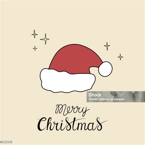 메리 크리스마스 손으로 쓴 글자와 베이지 색 배경에 산타 모자와 함께 크리스마스 인사말 카드 인쇄 소셜 미디어 등을 위한 심플한 디자인 12월에 대한 스톡 벡터 아트 및